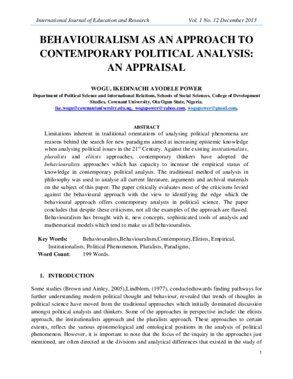 (PDF) Behaviouralism as an Approach Tocontemporary Political Analysis:An Appraisal