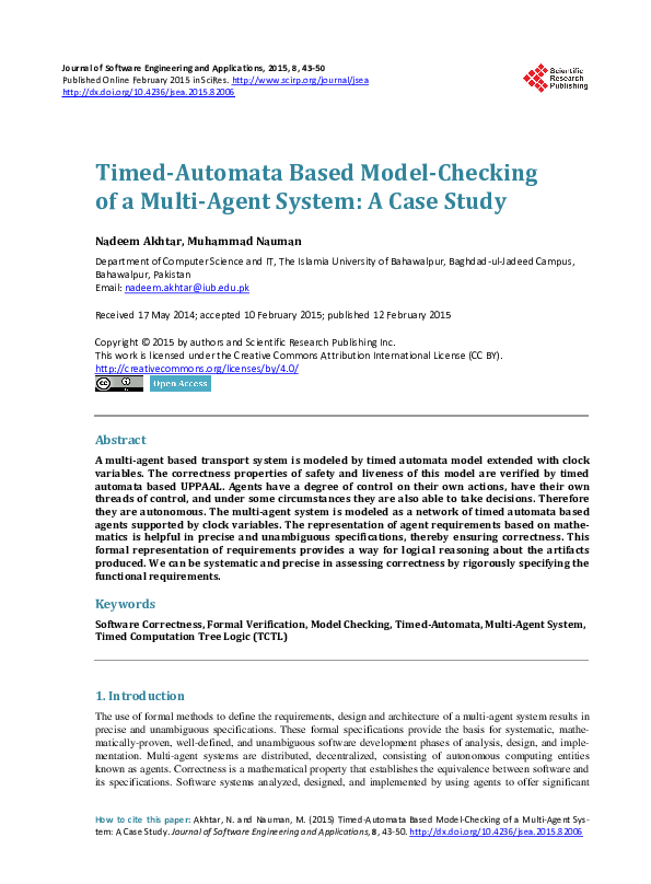 Pdf Timed Automata Based Model Checking Of A Multi Agent System A