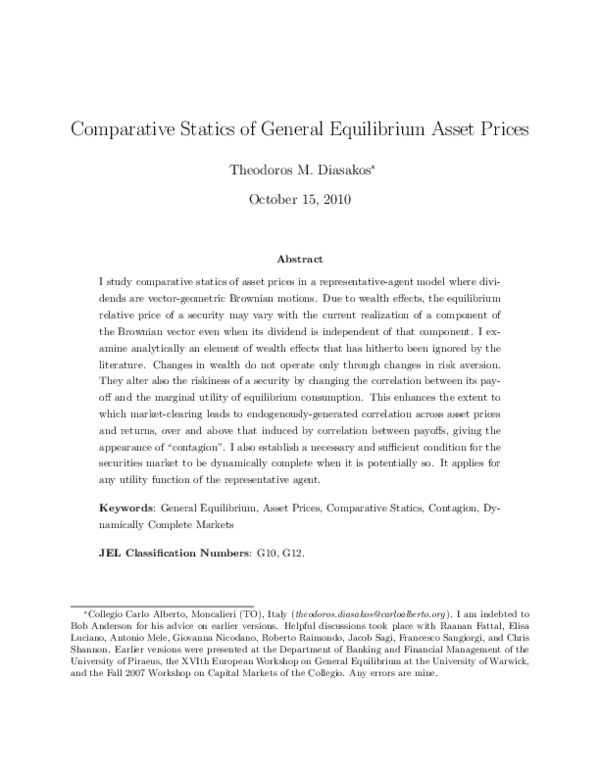 (PDF) Comparative Statics of General Equilibrium Asset Prices