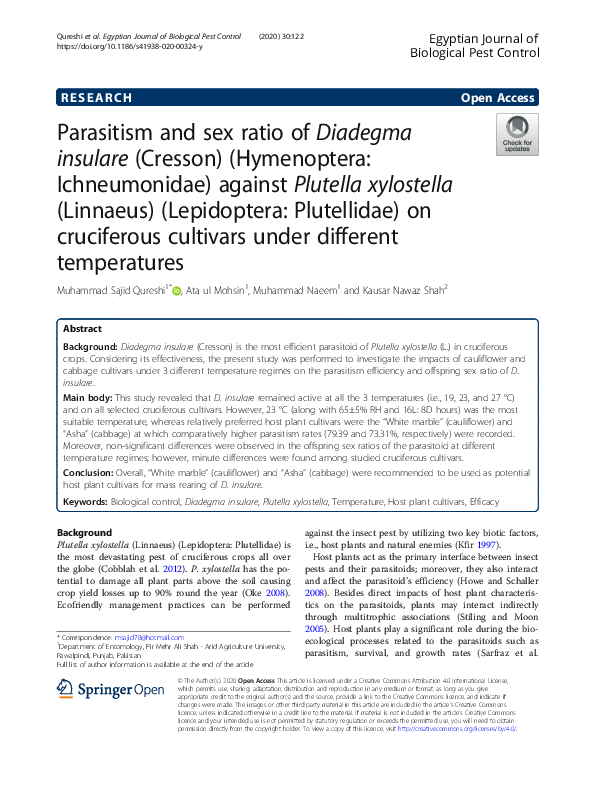 (PDF) Parasitism and sex ratio of Diadegma insulare (Cresson ...