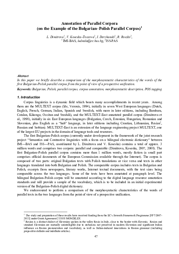 (PDF) Annotation of Parallel Corpora (on the Example of the Bulgarian ...