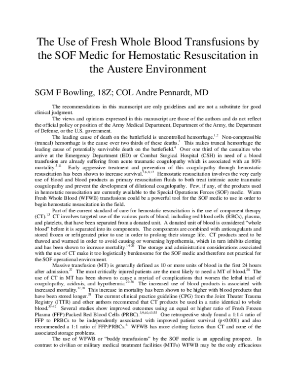 (PDF) The use of fresh whole blood transfusions by the SOF medic for ...