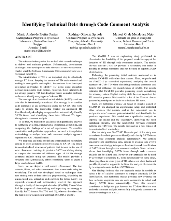 (PDF) Identifying Technical Debt through Code Comment Analysis