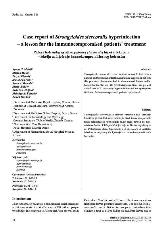 (PDF) Case report of Strongyloides stercoralis hyperinfection – a ...