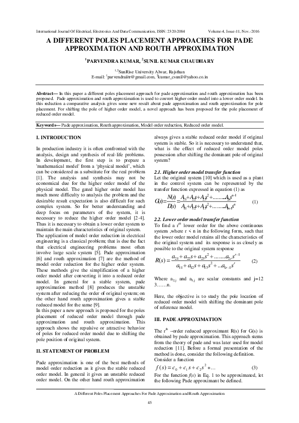 Pdf A Different Poles Placement Approaches For Pade Approximation And Routh Approximation