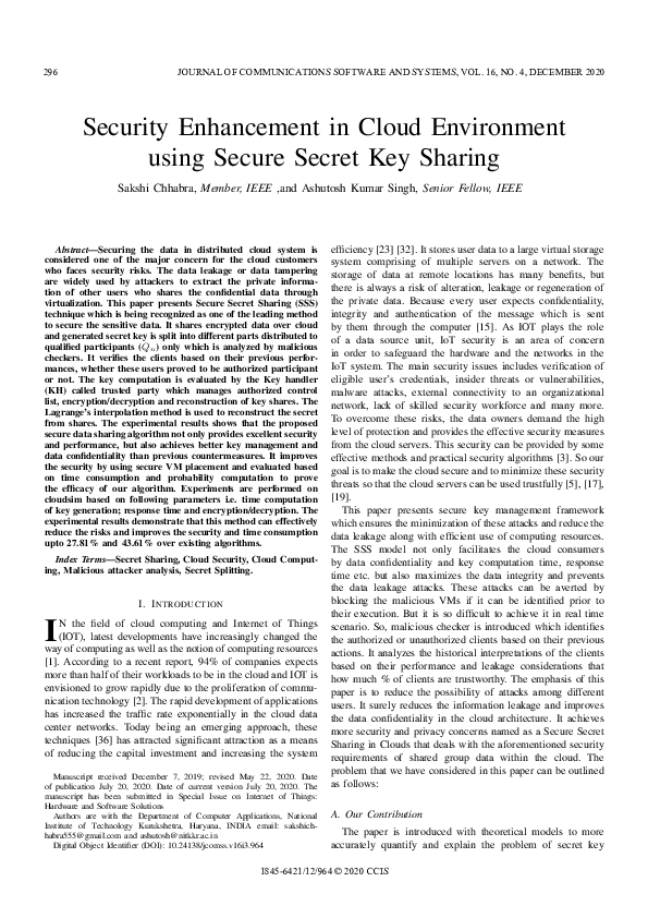 (PDF) Security Enhancement in Cloud Environment using Secure Secret Key Sharing