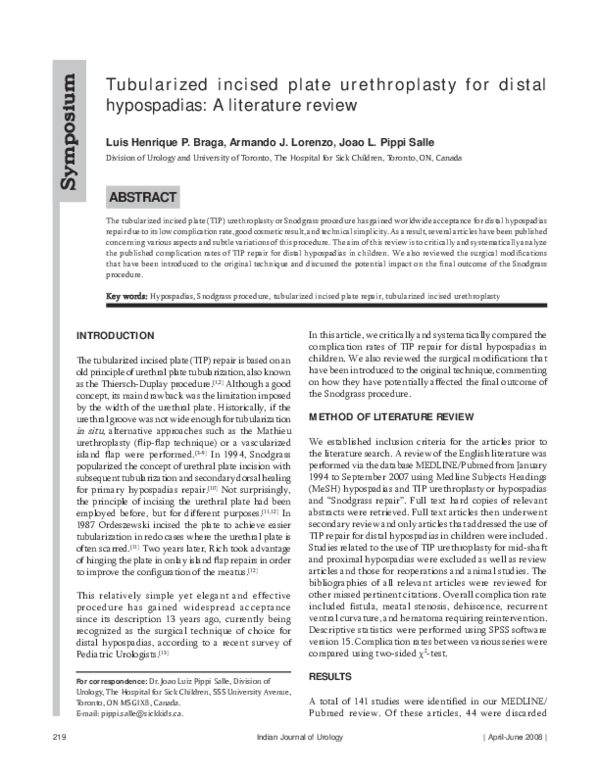 (PDF) Tubularized incised plate urethroplasty for distal hypospadias: A ...