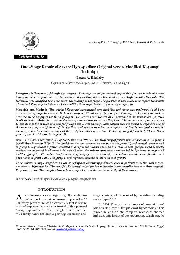 (PDF) One -Stage Repair of Severe Hypospadias: Original versus Modified ...