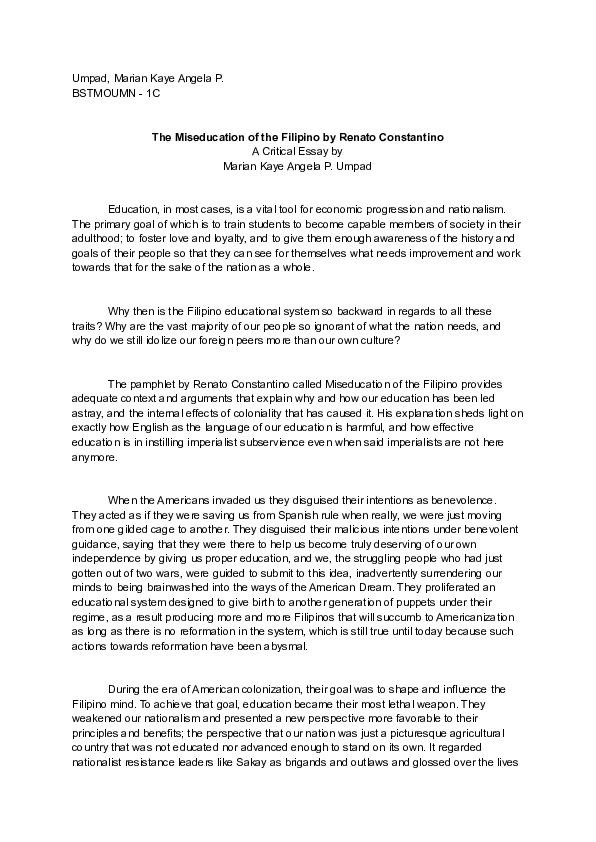 (PDF) The Miseducation of the Filipino by Renato Constantino A Critical Essay by