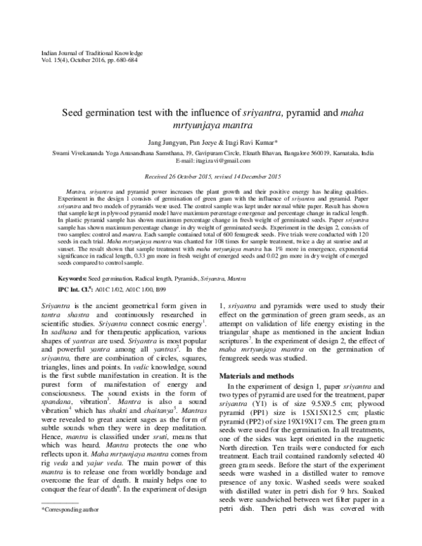 (PDF) Seed germination test with the influence of sriyantra, pyramid ...