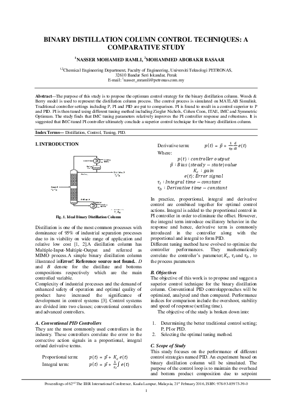 (PDF) Binary Distillation Column Control Techniques: a Comparative Study
