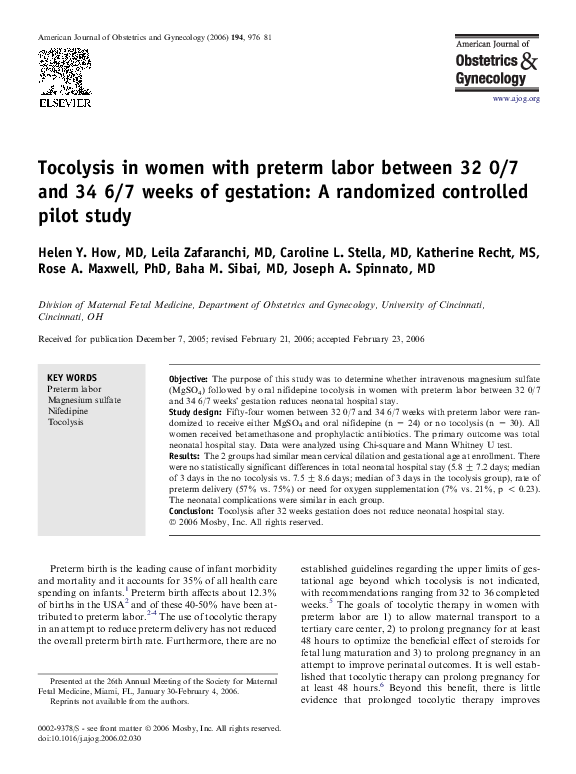 (PDF) Tocolysis in women with preterm labor between 32 0/7 and 34 6/7 ...