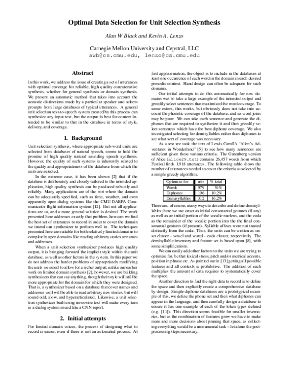 (PDF) Optimal Data Selection for Unit Selection Synthesis