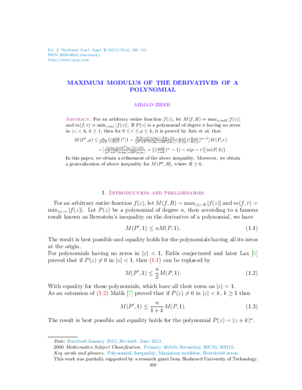 (PDF) Maximum modulus of derivatives of a polynomial