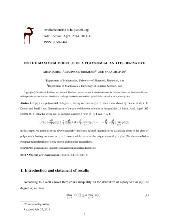 (PDF) On the Maximum Modulus of a Polynomial and Its Derivative