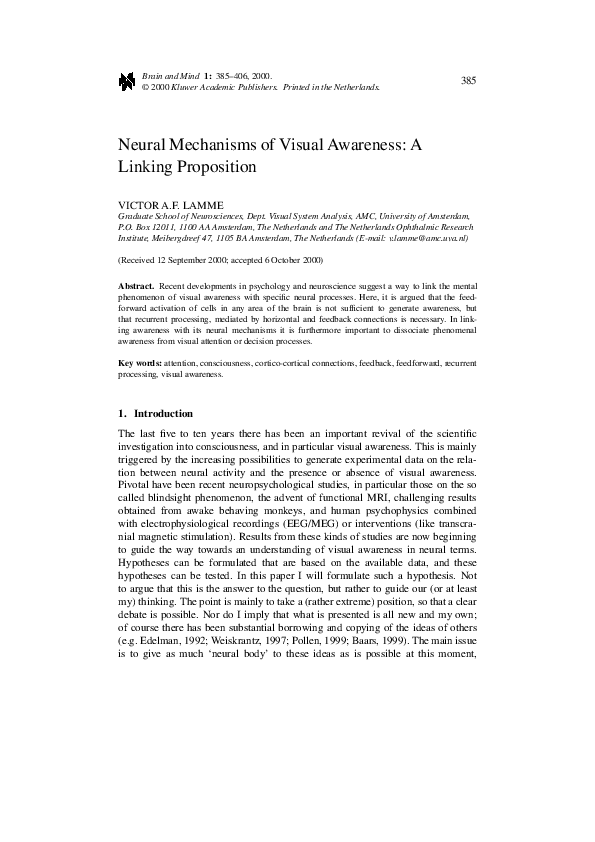 (PDF) Neural mechanisms of visual awareness: A linking proposition