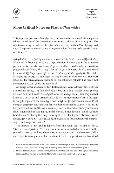 (PDF) More Critical Notes on Plato's Charmides