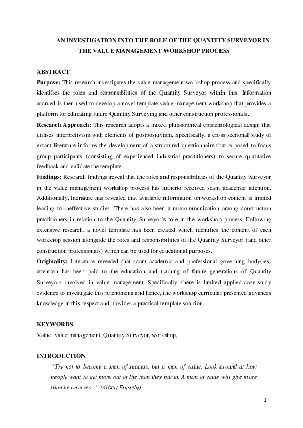 (PDF) An investigation into the role of the quantity surveyor in the ...