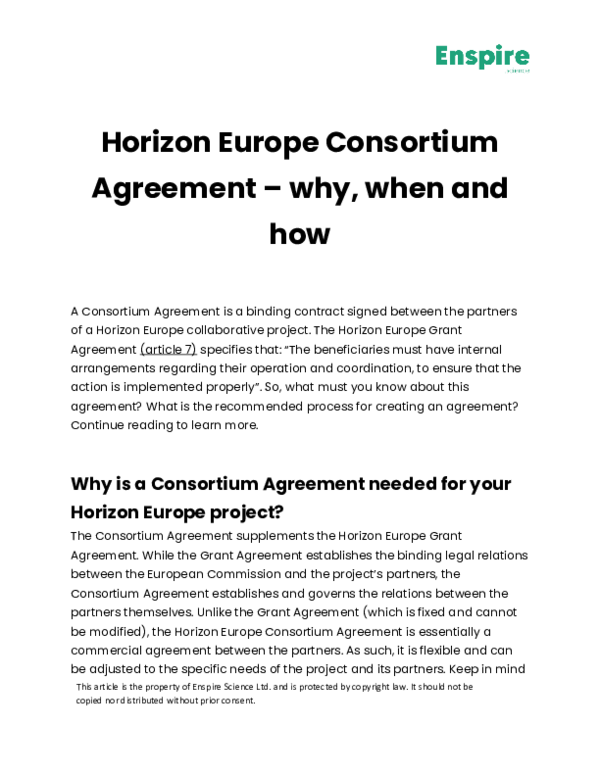 (PDF) Horizon Europe Consortium Agreement -why, when and how