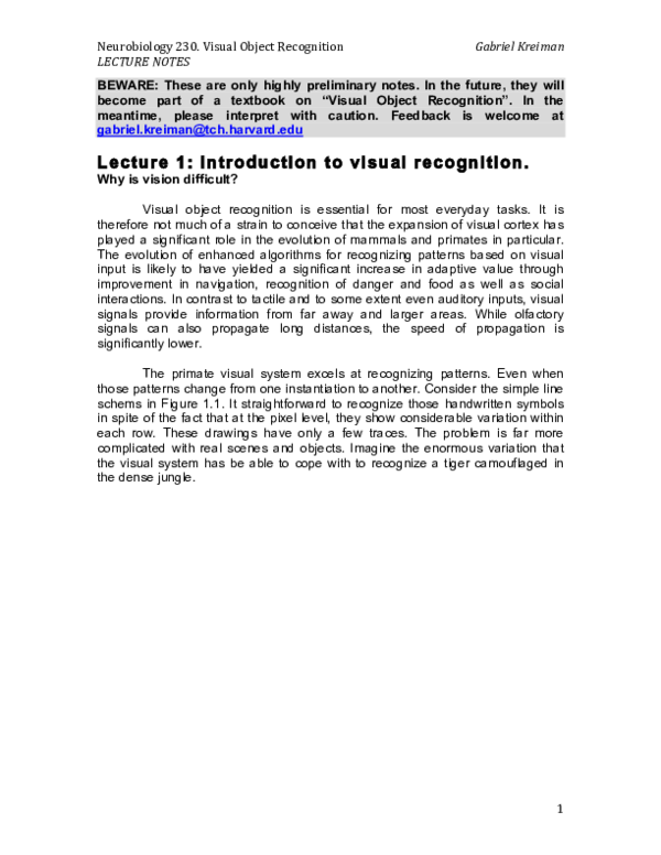 Pdf Neurobiology 230 Visual Object Recognition Lecture 1 Introduction To Visual Recognition