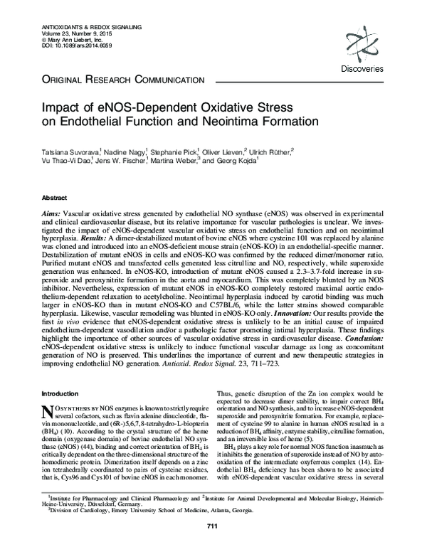 (PDF) eNOS Oxidative Stress and Endothelial Dysfunction