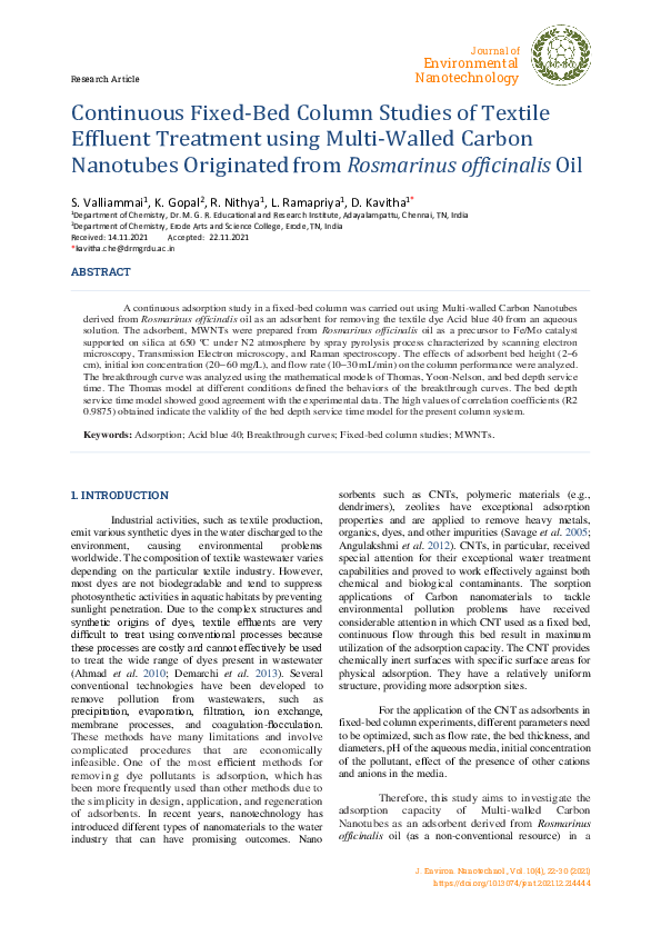 (PDF) Continuous Fixed-Bed Column Studies of Textile Effluent Treatment ...