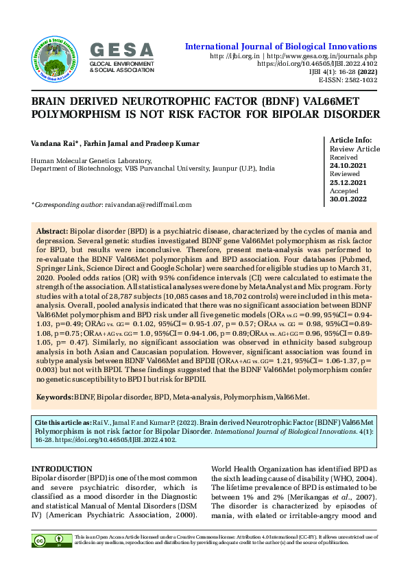 (PDF) Brain derived Neurotrophic Factor (BDNF) Val66Met Polymorphism is ...