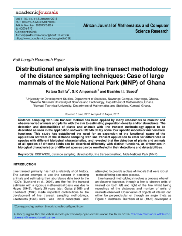 Pdf Distributional Analysis With Line Transect Methodology Of The Distance Sampling Techniques 3393