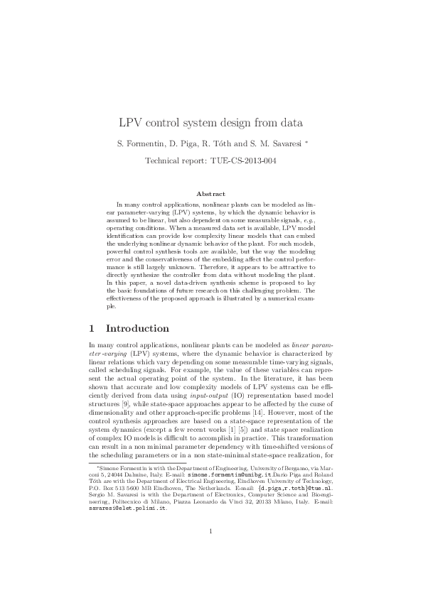 (PDF) LPV control system design from data