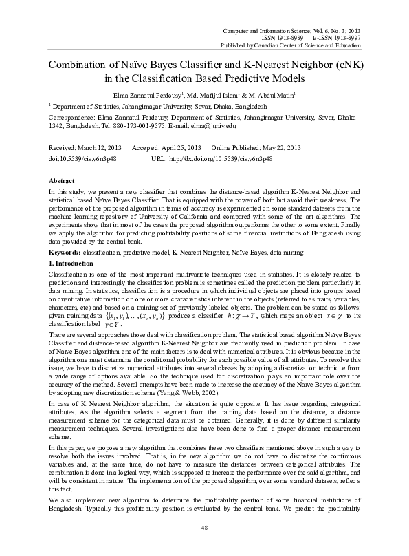 (PDF) Combination of Naïve Bayes Classifier and K-Nearest Neighbor (cNK) in the Classification ...
