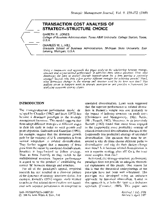 (PDF) Transaction cost analysis of strategy-structure choice