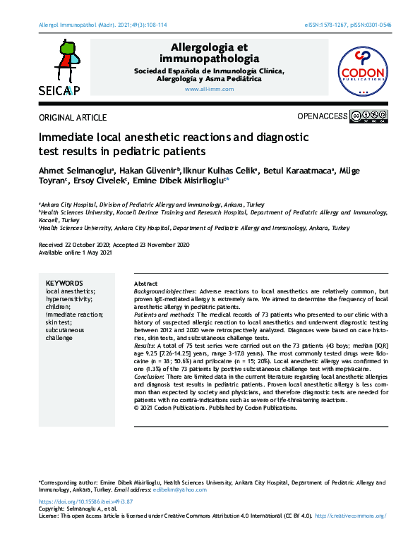 (PDF) Local Anesthetic Allergy in Pediatric Patients