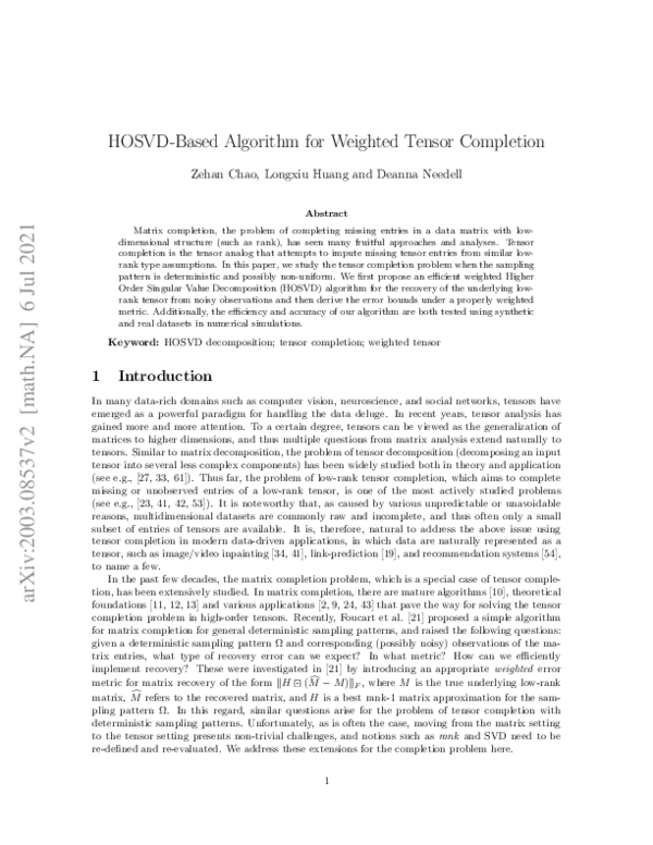 Pdf Hosvd Based Algorithm For Weighted Tensor Completion Longxiu Huang