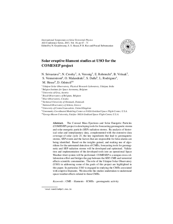 (PDF) Solar eruptive filament studies at USO for the COMESEP project