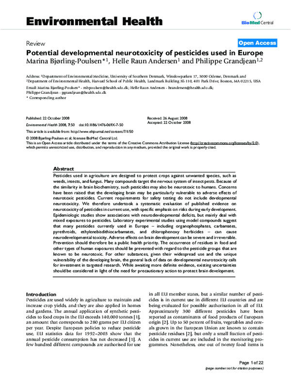 (PDF) Potential developmental neurotoxicity of pesticides used in Europe