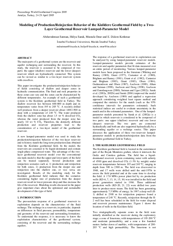 (PDF) Modeling of Production/Reinjection Behavior of the Kizildere ...