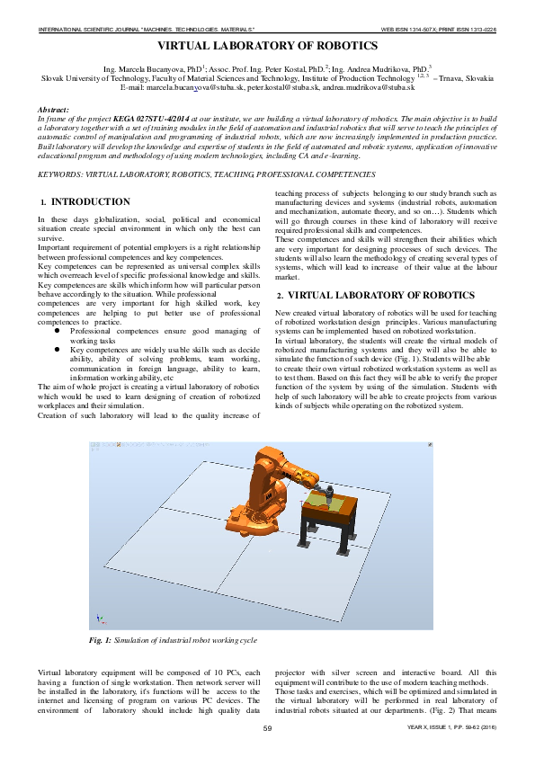 (PDF) Virtual Laboratory of Robotics
