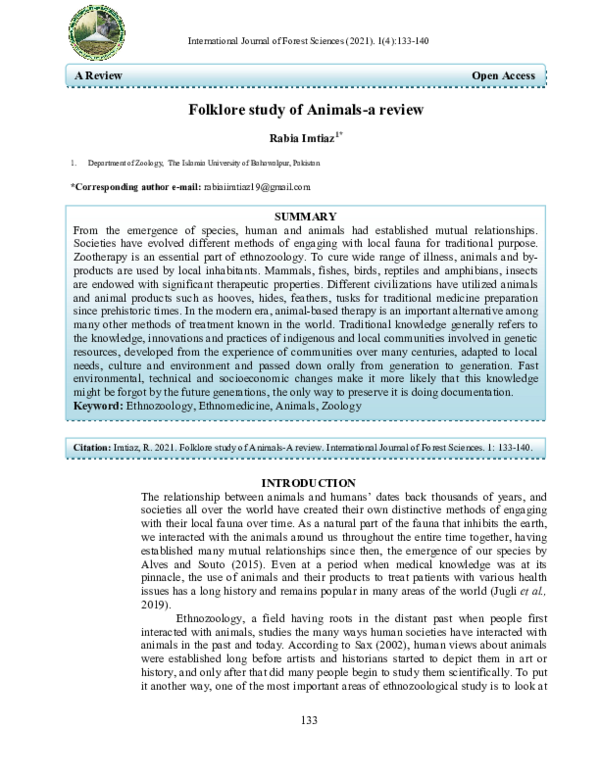 (PDF) Folklore study of Animals-a review