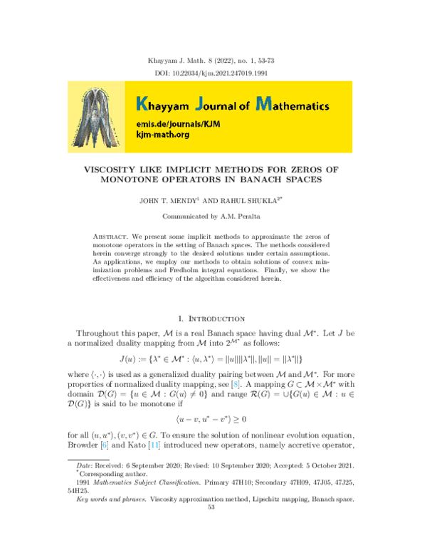 (PDF) VISCOSITY LIKE IMPLICIT METHODS FOR ZEROS OF MONOTONE OPERATORS IN BANACH SPACES
