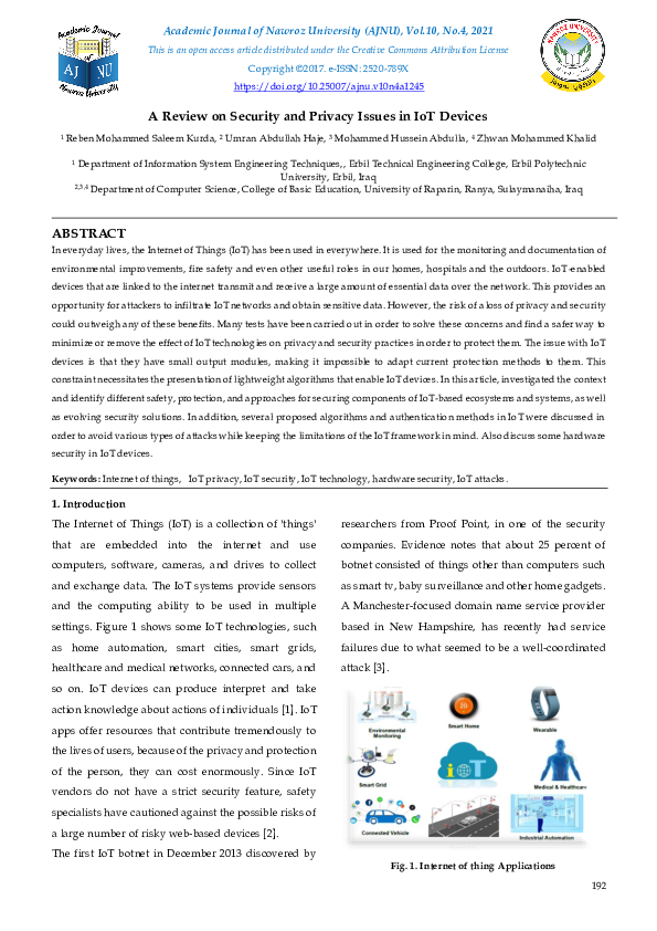 (PDF) A Review on Security and Privacy Issues in IoT Devices