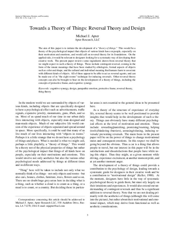 (PDF) Towards a Theory of Things: Reversal Theory and Design