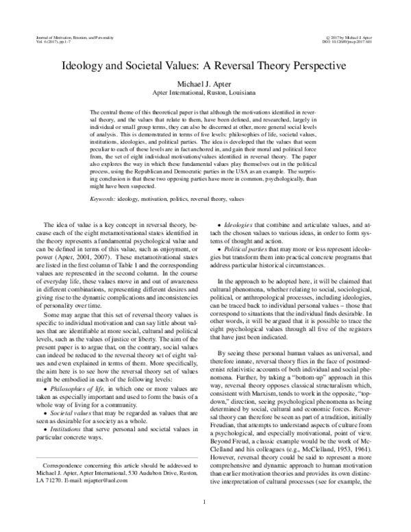 (PDF) Ideology and Societal Values: A Reversal Theory Perspective