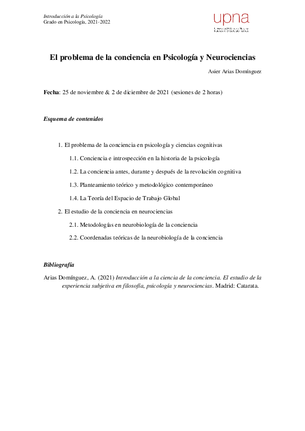 (PDF) El problema de la conciencia en psicología y neurociencias