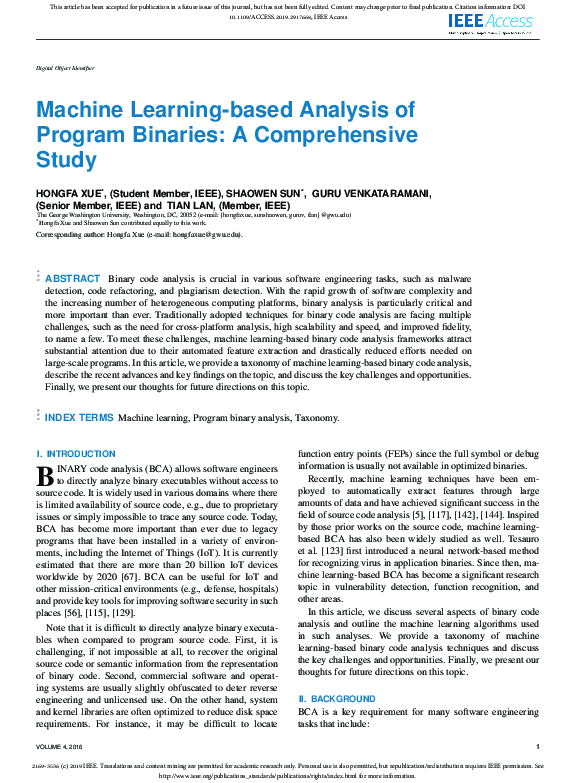(PDF) Machine Learning-based Analysis of Program Binaries: A ...