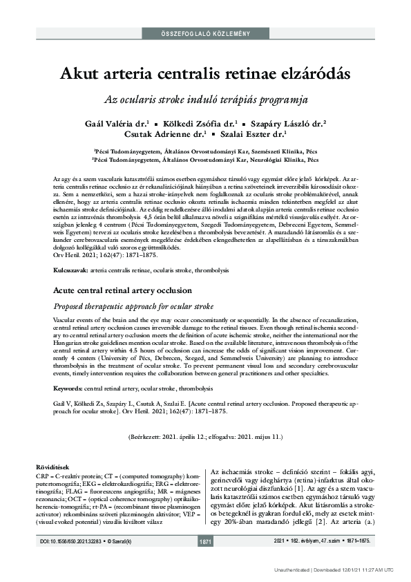 (PDF) Akut arteria centralis retinae elzáródás