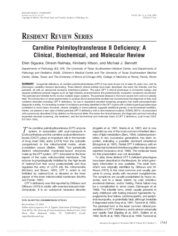 (PDF) Carnitine palmitoyltransferase II deficiency: a clinical, biochemical, and molecular review