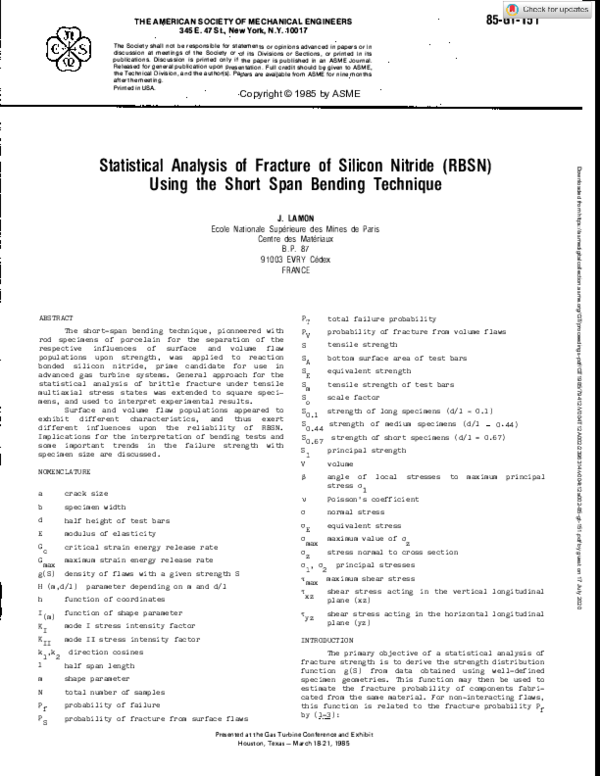 (PDF) Statistical Analysis of Fracture of Silicon Nitride (RBSN) Using ...