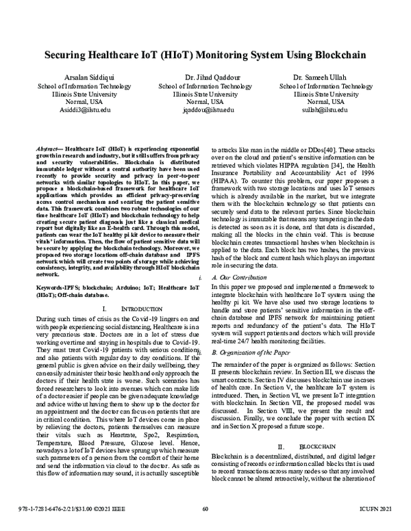 (PDF) Securing Healthcare IoT (HIoT) Monitoring System Using Blockchain