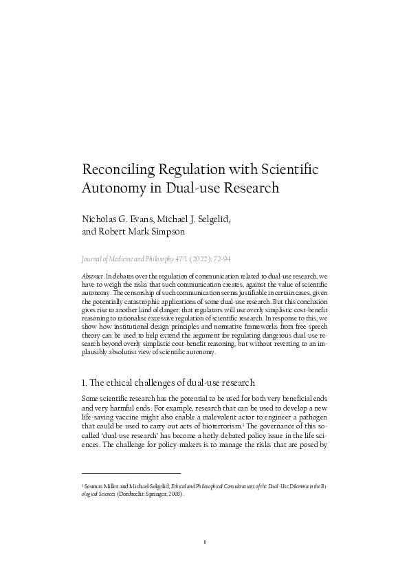 (PDF) Reconciling Regulation with Scientific Autonomy in Dual-use Research