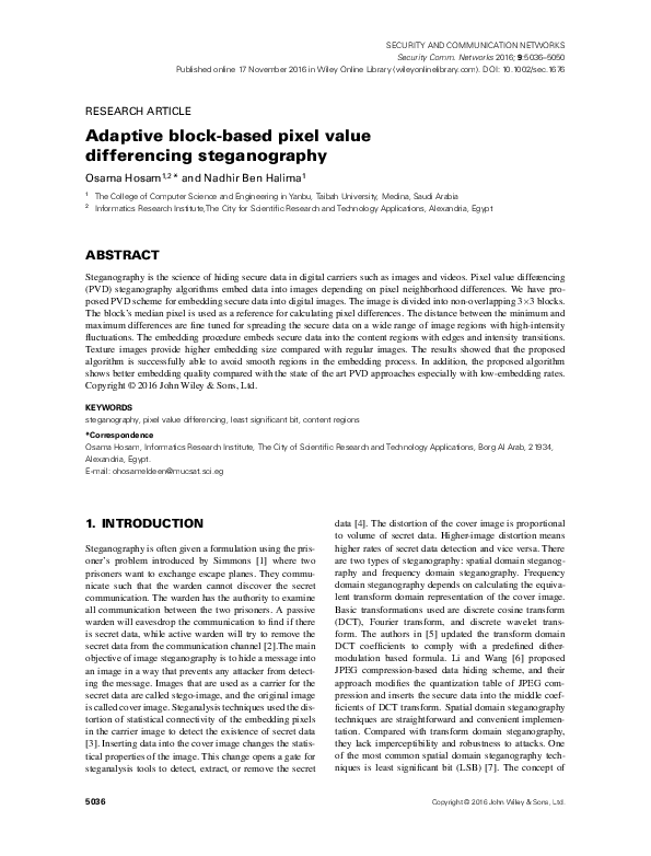 Pdf Adaptive Block Based Pixel Value Differencing Steganography 